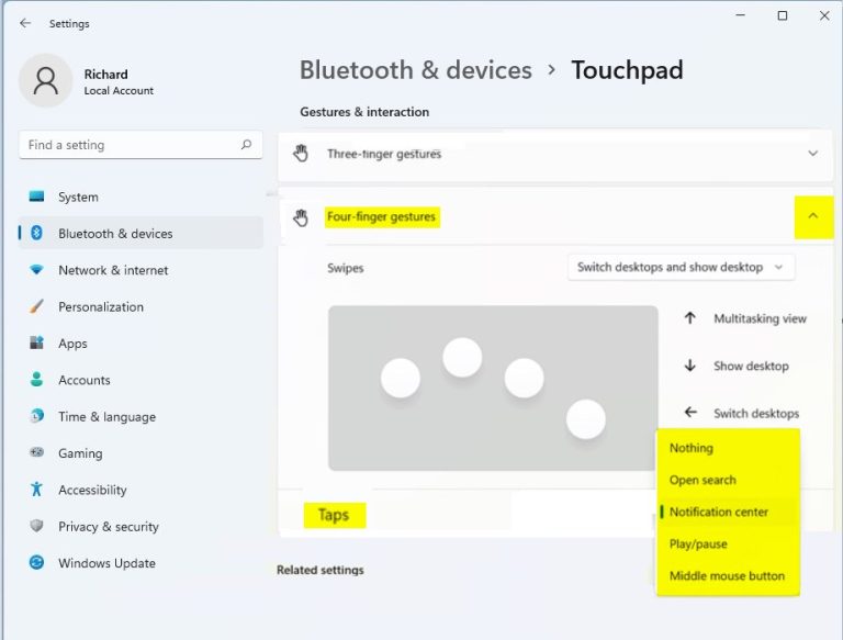How to Customize Four-Finger Tap Gestures in Windows 11 - Geek Rewind